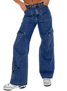 evaless cargo pants for women 2024 trendy high waist straight leg baggy cargo jeans women's casual wide leg pants with 6 pockets blue size 10