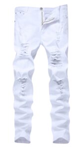 men's white skinny slim fit ripped distressed destroyed stretch jeans pants,white,34w