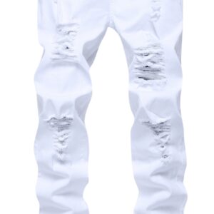 Men's White Skinny Slim Fit Ripped Distressed Destroyed Stretch Jeans Pants,White,34W