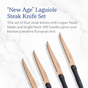 Jean Dubost New Age Laguiole 4-Piece Copper Steak Knife Set, Black Handles - 1.2 mm Blades - Rust-Resistant Stainless Steel - Made in France