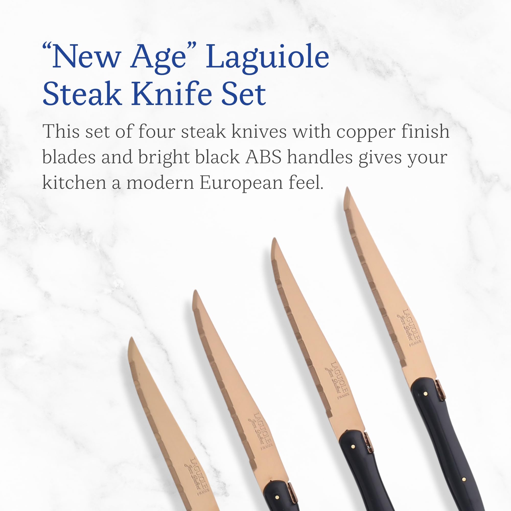 Jean Dubost New Age Laguiole 4-Piece Copper Steak Knife Set, Black Handles - 1.2 mm Blades - Rust-Resistant Stainless Steel - Made in France