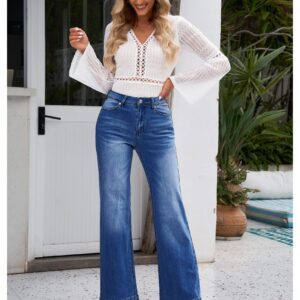 luvamia Wide Leg Jeans for Women High Waisted Baggy 90S Jeans Distressed Stretchy Denim Pants Trendy Wide Leg Jeans for Women Straight Leg Jeans for Women 70S Outfits Lapis Longing Blue Size US 8