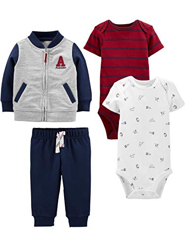 Simple Joys by Carter's Baby Boys' 4-Piece Jacket, Pant, and Bodysuit Set, Grey/Navy/Red Stripe/White Sports, 0-3 Months