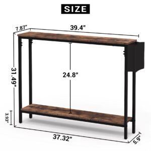 Bigbiglife 39.4" Console Entryway Table, 2-Tier Industrial Narrow Sofa Table with Storage Shelves for Hallway, Living Room, Bedroom, Foyer, Corridor, Office, Rustic Brown and Black