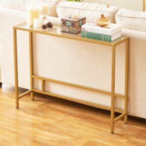 majaro small modern console table for entryway, tempered glass with golden metal frame sofa table for living room, hallway, office