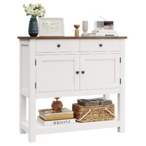 hostack farmhouse console table with 2-door cabinet & 2 drawers, coffee bar, entryway table with storage shelf, sofa tables buffet sideboard for kitchen, hallway, dining, living room, white