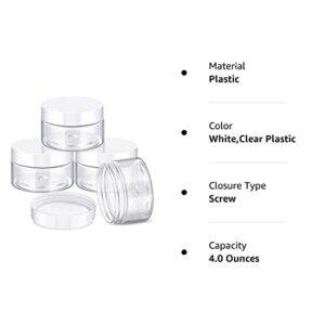 4 Pieces Round Clear Wide-mouth Leak Proof Plastic Container Jars with Lids for Travel Storage Makeup Beauty Products Face Creams Oils Salves Ointments DIY Making or Others (White, 4 Ounce)