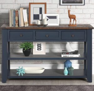 ywufuart 48 inch solid wood-console table-sofa table-storage cabinet with 3 drawers and 2 shelves for entryway hallway living room (blue)