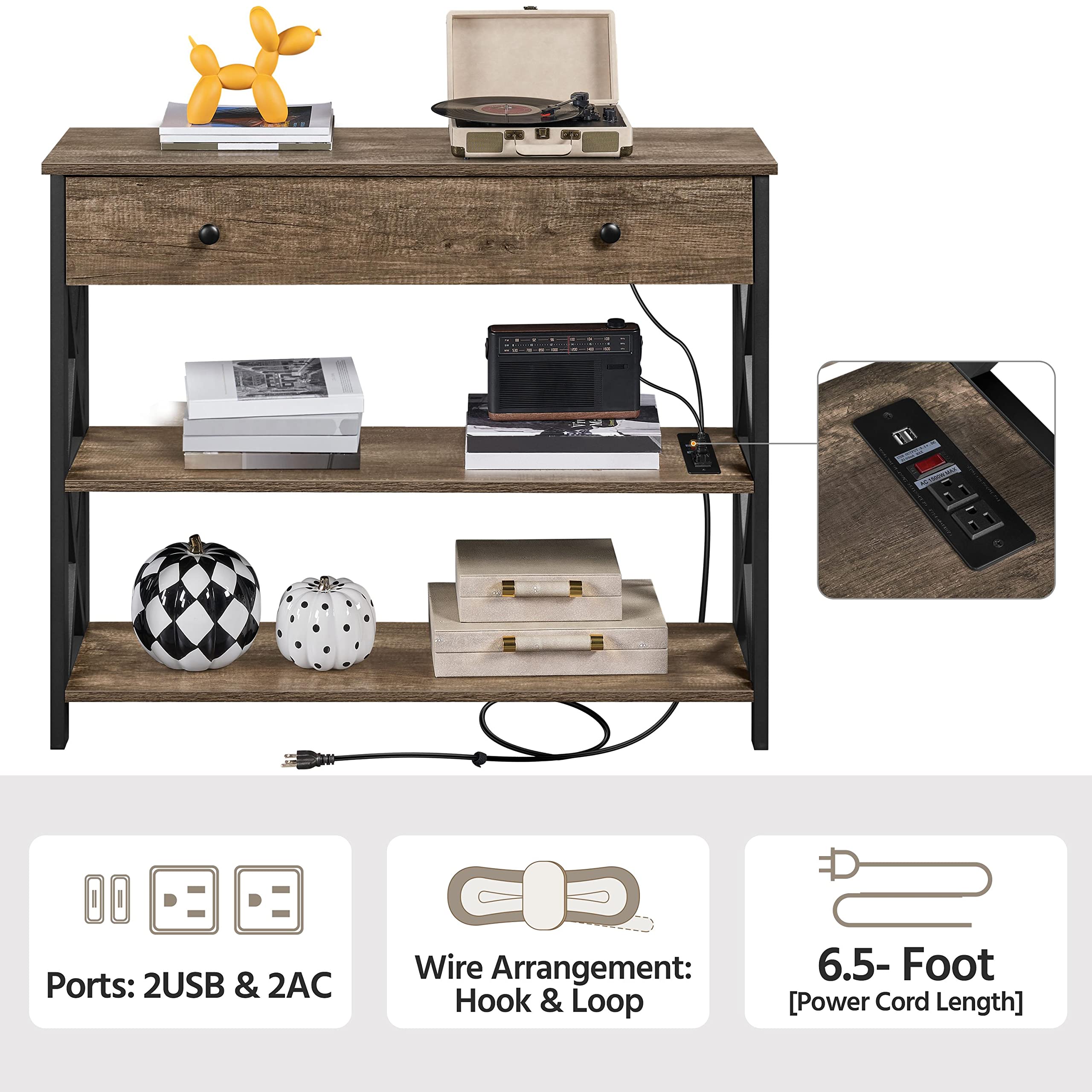 Yaheetech Console Table with Outlets and USB Ports, Industrial Entryway Table with Drawer and Storage Shelves, 3-Tier Narrow Sofa Table for Living Room, Couch, Hallway, Metal Frame, Taupe Wood