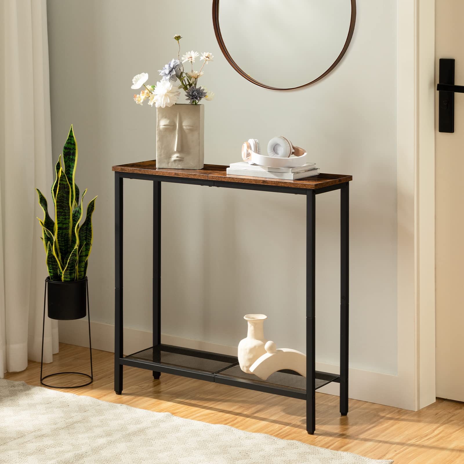 HOOBRO 29.5" Narrow Console Table, Small Entryway Table with Shelf, 2 Tier Thin Sofa Table, Side Table, Display Table, for Hallway, Living Room, Bedroom, Rustic Brown and Black BF74XG01