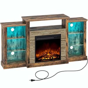 rolanstar fireplace tv stand with led lights and power outlets, tv console for tvs up to 65", entertainment center with adjustable glass shelves, rustic brown