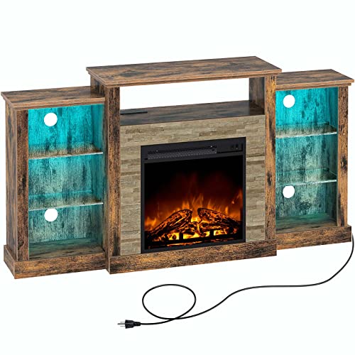 Rolanstar Fireplace TV Stand with Led Lights and Power Outlets, TV Console for TVs up to 65", Entertainment Center with Adjustable Glass Shelves, Rustic Brown