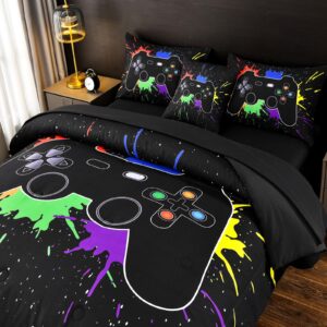 dorcas full size gamer comforter set with sheets for boys,game console black bedding set for kids,6 pieces bed in a bag colorful graffiti gaming controller comforter,sheets,pillowcases (black, full)