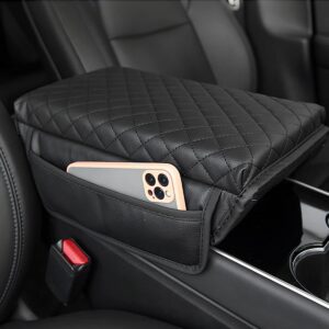 zipelo Car Armrest Cushion, Carbon Fiber Leather Auto Center Console Pad, Memory Foam Armrest Box with Storage Bag, Hand Rest Pillow with Organizer Pockets, Universal Fit for Most Vehicles (Black)