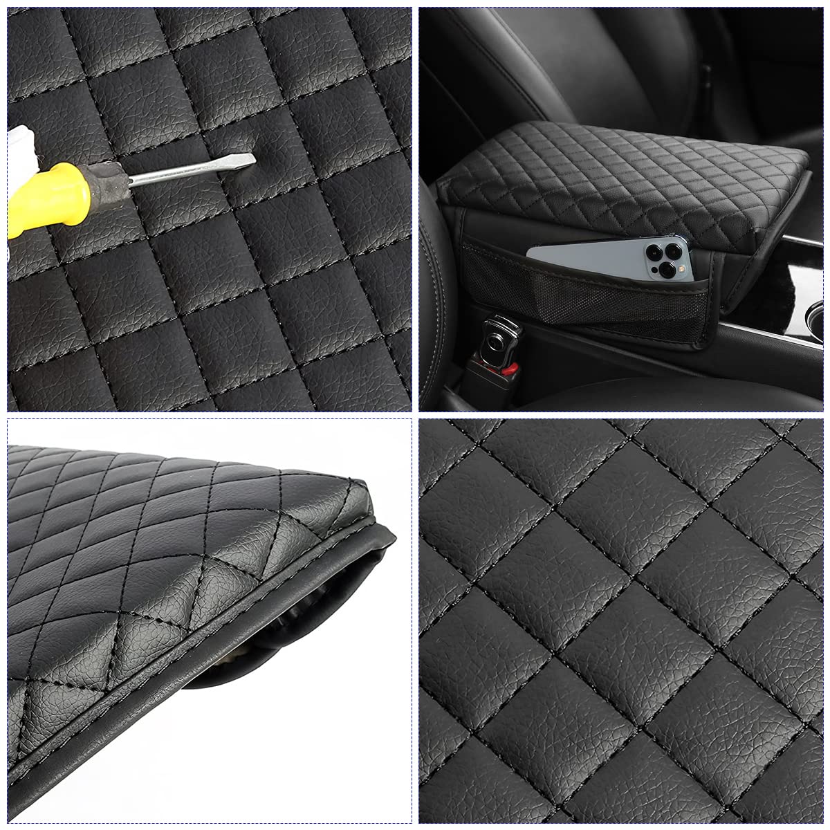 zipelo Car Armrest Cushion, Carbon Fiber Leather Auto Center Console Pad, Memory Foam Armrest Box with Storage Bag, Hand Rest Pillow with Organizer Pockets, Universal Fit for Most Vehicles (Black)