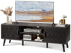 superjare tv stand for 55 inch tv, entertainment center with adjustable shelf, 2 cabinets, tv console table, media console, solid wood feet, cord holes, for living room, bedroom, black