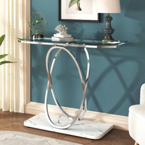 o&k furniture glass console tables for entryway,silver entryway table with oval frames and marble base,chrome entrance table glass sofa table for living room,hallway,silver glass&white faux marble