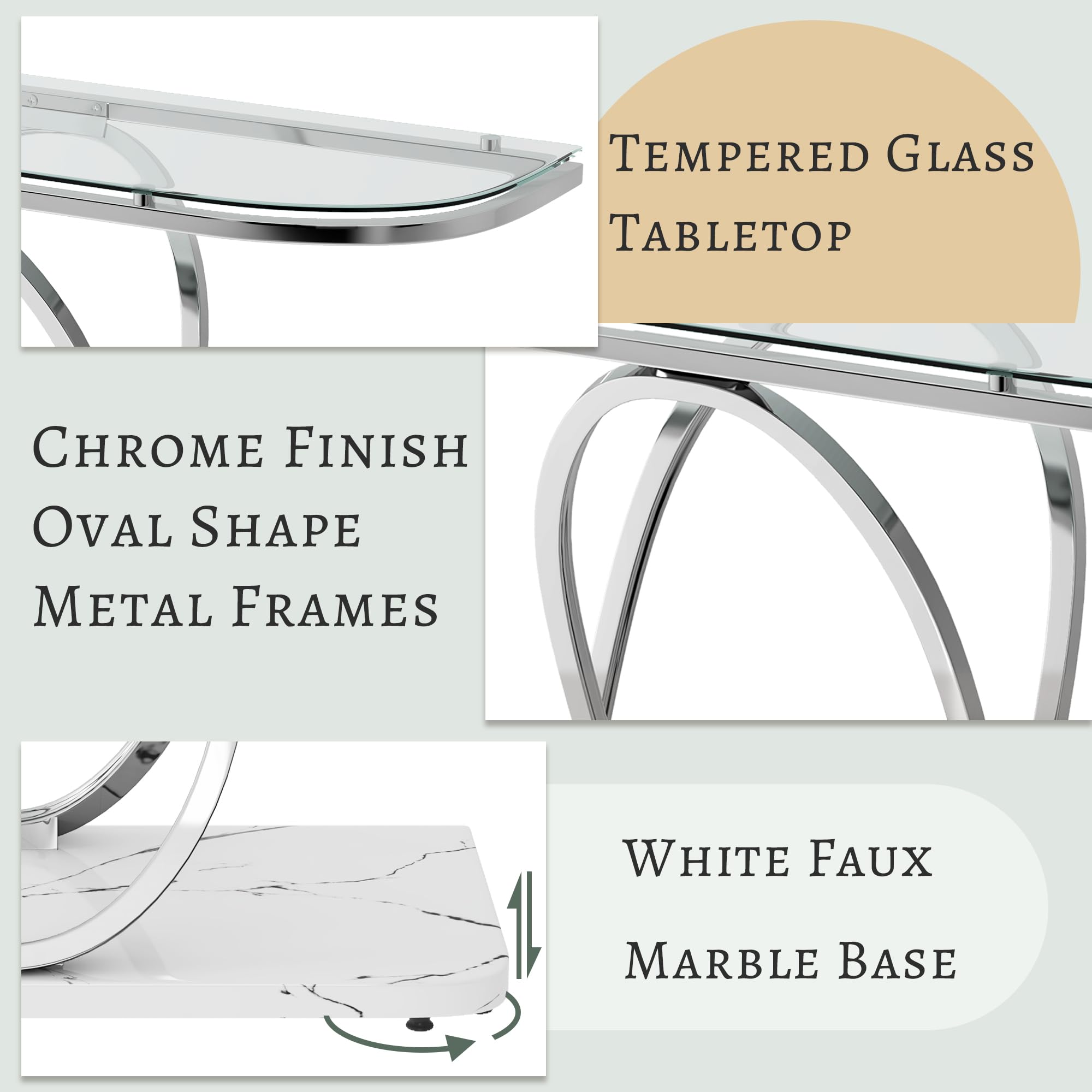 O&K FURNITURE Glass Console Tables for Entryway,Silver Entryway Table with Oval Frames and Marble Base,Chrome Entrance Table Glass Sofa Table for Living Room,Hallway,Silver Glass&White Faux Marble