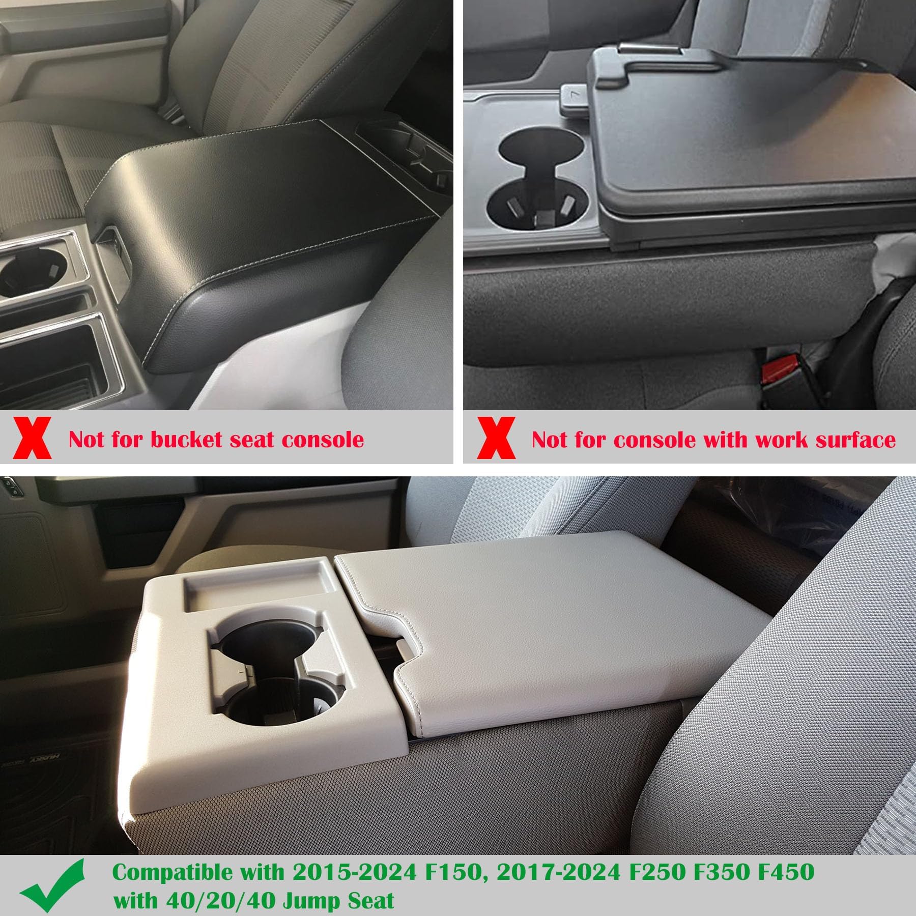 Zxiaochun Center Console Cover for Ford F150 2015-2024 and F250 F350 F450 2017-2024 Leather Arm Rest Box Lid Middle Console Armrest Protective Cover Accessories(40/20/40 Jump Seat Console Only)(Gray)