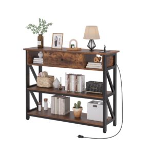 mexin console table with outlets and usb ports, entryway table with drawer storage shelves, industrial wood hallway sofa table for living room, couch, foyer, kitchen counter, 39 inch, vintage brown