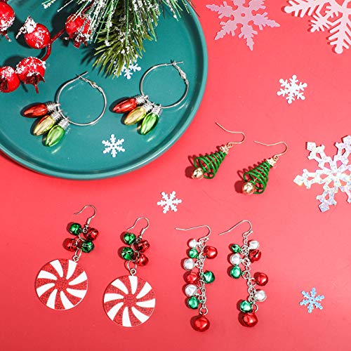 Hicarer 4 Pairs Christmas Dangle Earrings Set Christmas Tree Bell Light Bulbs Hoop Earrings for Holiday Women(Cute Style)