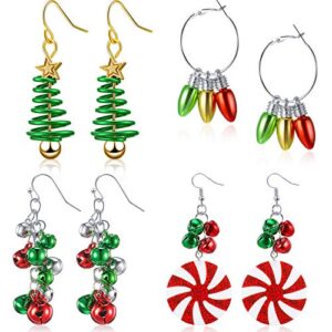 hicarer 4 pairs christmas dangle earrings set christmas tree bell light bulbs hoop earrings for holiday women(cute style)