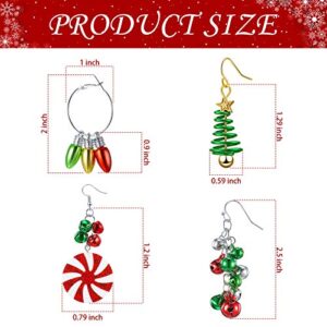 Hicarer 4 Pairs Christmas Dangle Earrings Set Christmas Tree Bell Light Bulbs Hoop Earrings for Holiday Women(Cute Style)