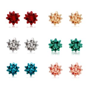 6 pairs christmas bow earrings for women xmas bow stud earrings red green festive holiday earring set christmas jewelry gifts (color2)