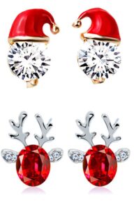 2 pairs women's christmas earrings, girls crystal gemstone santa christmas hat earrings luxury christmas reindeer antlers xmas earring stud jewelry gift sets