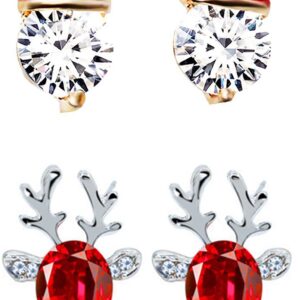 2 Pairs Women's Christmas Earrings, Girls Crystal Gemstone Santa Christmas Hat Earrings Luxury Christmas Reindeer Antlers Xmas Earring Stud Jewelry Gift Sets