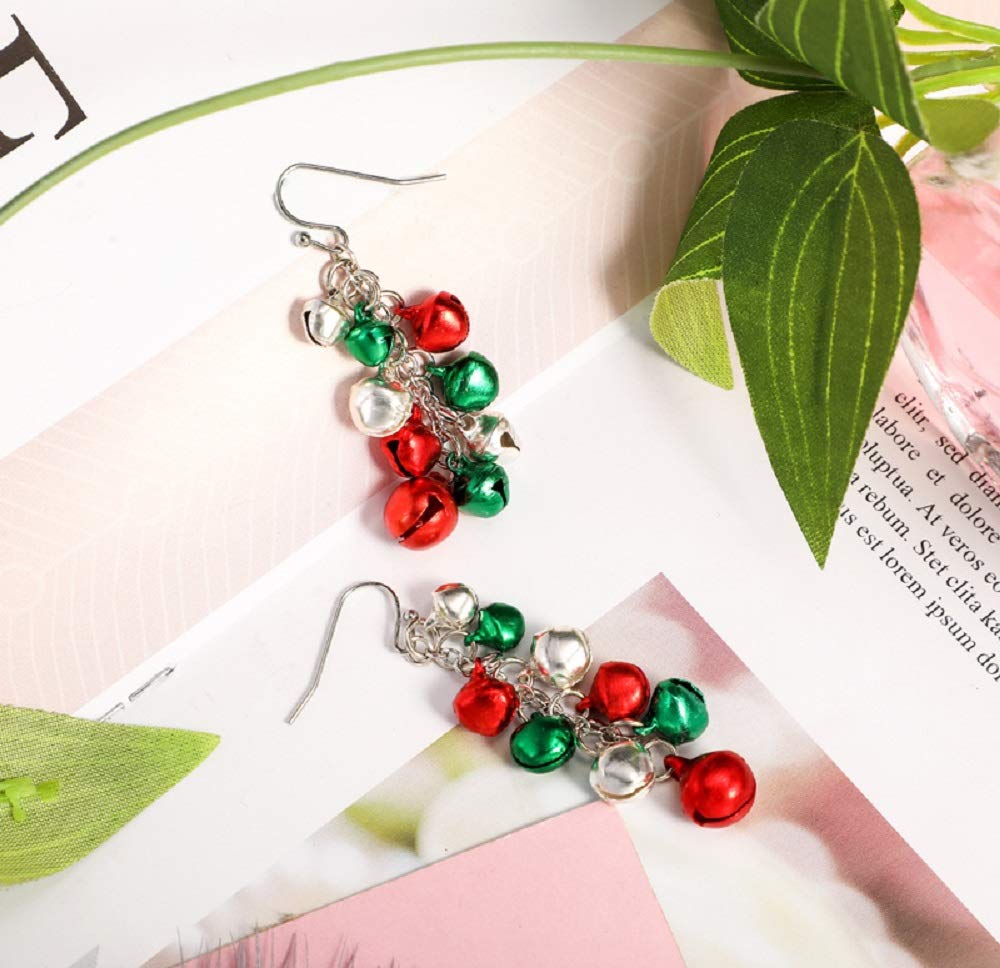 Silver Red Green Christmas Jingle Bell Tinkle Bell Cute Ornament Long Chain Dangle Earrings for Women Teen Girls Fish Hook Dangling Hanging Hypoallergenic Christmas Festival Party Jewelry Gift for Bff