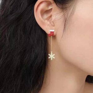 Gold Plated Snowflake Santa Claus Threader Tassel Earrings for Women Girls Sterling Silver Pins Red Crystal CZ Sock Christmas Hat Dangle Drop Christmas Tree Earring Studs Xmas Party Gifts(Snowflake)