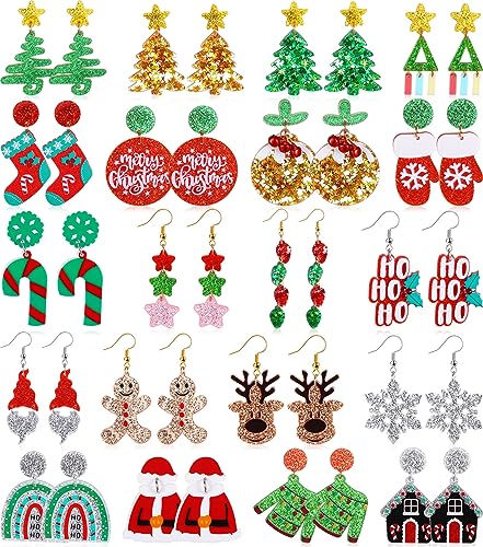 Equsion 20 Pairs Christmas Earrings for Women Acrylic Holiday Earrings Drop Dangle Earring Christmas Tree Gingerbread Santa Claus Elk Snowflake Jewelry Accessories for Women