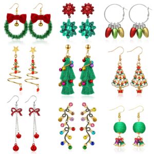 9 pairs christmas earrings holiday earrings christmas tree ball snowflake candy bow dangle earrings set for for women(tree style)