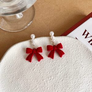 Christmas Bow Earrings for Women Pearl Drop Earrings for Bride Dainty Velvet Earring Red Earrings for Women Dangle Bridal Earrings for Wedding Christmas Birthday Gift