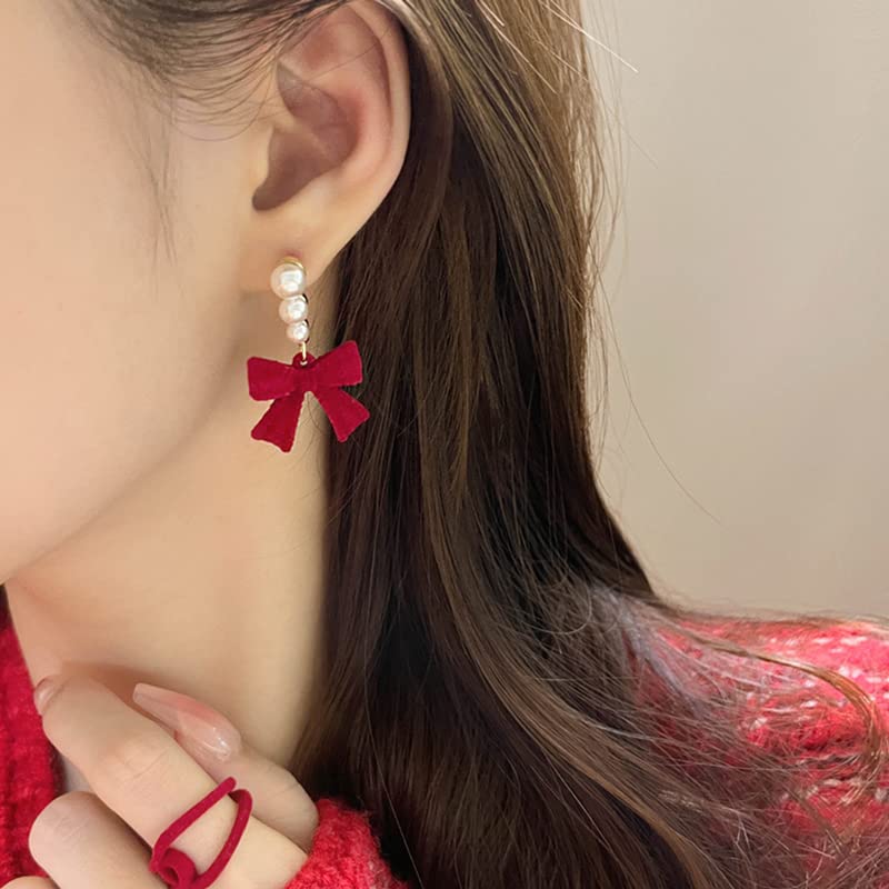 Christmas Bow Earrings for Women Pearl Drop Earrings for Bride Dainty Velvet Earring Red Earrings for Women Dangle Bridal Earrings for Wedding Christmas Birthday Gift