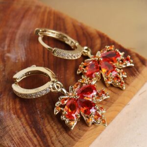 Sonateomber Orange Maple Leaf Dangle Drop Small Gold Hoop Huggie Earrings for Women, Cute Sparkly Crystal Cubic Zirconia Rhinestone Fall Autumn Holiday Accessories Jewelry Gift