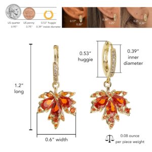 Sonateomber Orange Maple Leaf Dangle Drop Small Gold Hoop Huggie Earrings for Women, Cute Sparkly Crystal Cubic Zirconia Rhinestone Fall Autumn Holiday Accessories Jewelry Gift