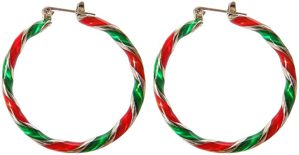 Candy Christmas Ornament Wreath Twist Hoop Earrings for Women Teen Girls Sensitive Ears Dainty Red Green Colorful Huggie Hoops 30mm Party Holiday Gifts for Thanksgiving New Year Best Friend Daughter