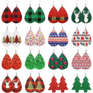 christmas faux leather earrings for women teardrop dangle earrings plaid petal drop earring xmas jewelry accessory gifts 16 pairs