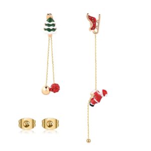 luxmad christmas earrings 14k gold plated cute slidable santa claus drop dangle earrings for women girls asymmetrical christmas tree sled bell jewelry gifts