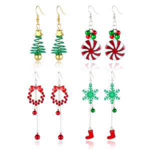 4/12 pairs christmas dangle earrings for women christmas tree jingle bell snowflake garland earrings gifts set for christmas holiday party decorations