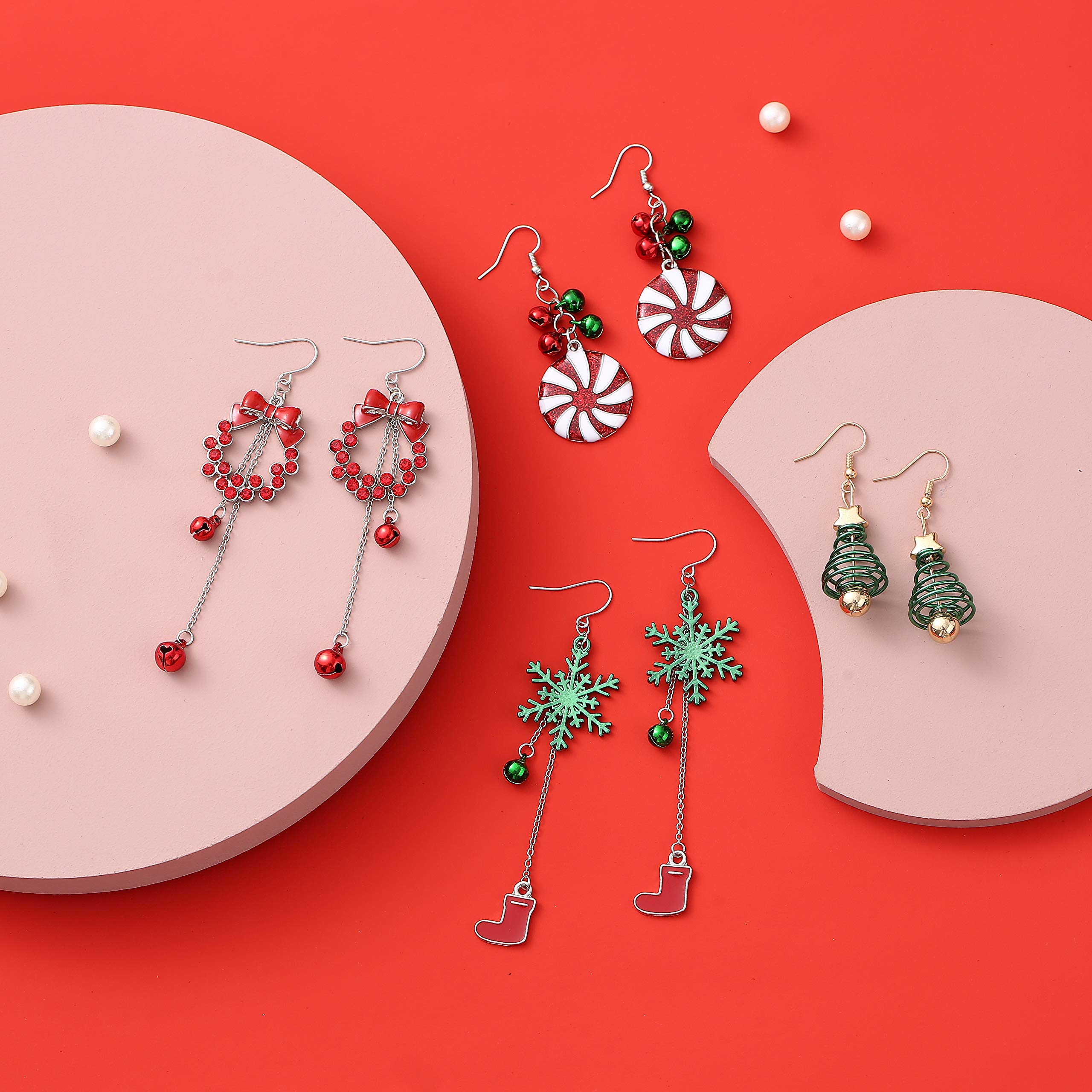 4/12 Pairs Christmas Dangle Earrings for Women Christmas Tree Jingle Bell Snowflake Garland Earrings Gifts Set for Christmas Holiday Party Decorations