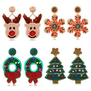 phalin 4pairs christmas earrings for women holiday earrings handmade christmas tree earrings beaded snowflake reindeer wreath dangle earrings holiday party gifts (mix)