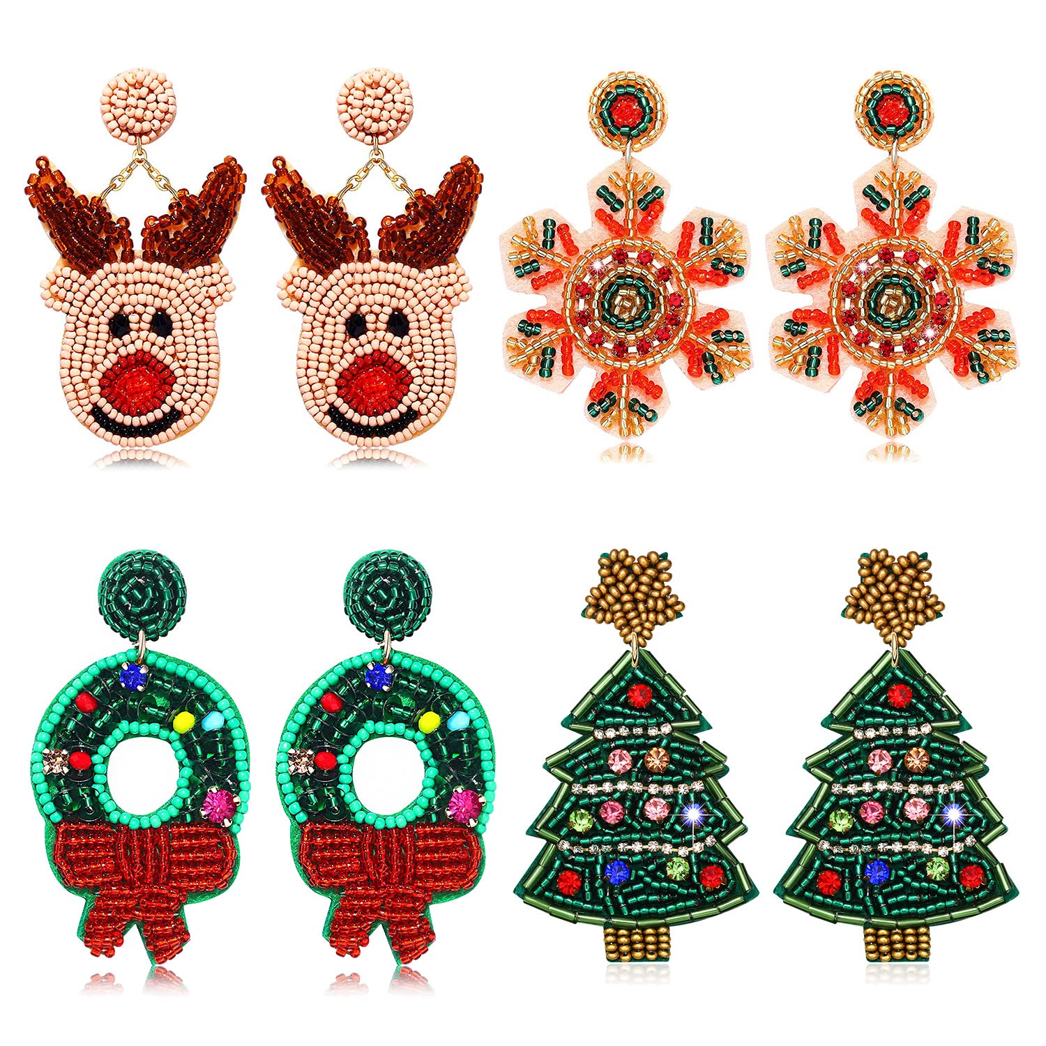 PHALIN 4Pairs Christmas Earrings for Women Holiday Earrings Handmade Christmas Tree Earrings Beaded Snowflake Reindeer Wreath Dangle Earrings Holiday Party Gifts (Mix)