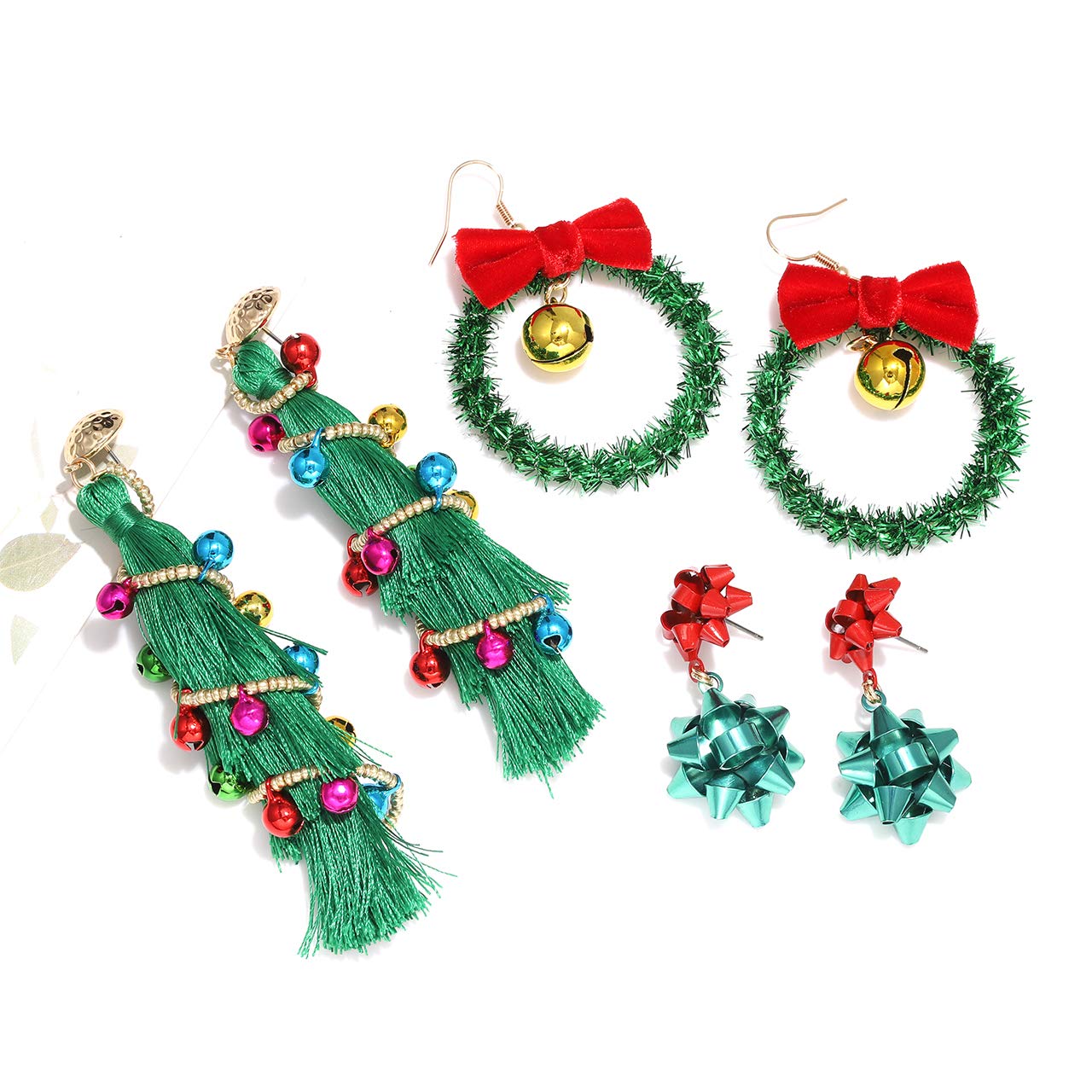 NVENF Christmas Earrings for Women Xmas Wreath Bow Earrings Long Tassel Christmas Tree Earrings Festive Gifts for Women Holiday Accessory (Style A - Christmas Tree)