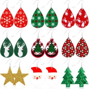 augsun christmas earrings for women, 9 pairs christmas faux leather earrings lightweight leaf long dangle earrings teardrop earrings for christmas