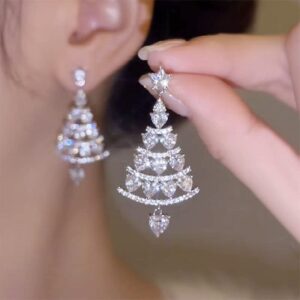 Diamond Christmas Tree Earrings, Light Luxury Shiny Diamond Tassel Earrings,Crystal Sparkling Zircon Full Rhinestone Christmas Tree Dangle Earrings for Women Girls (A)