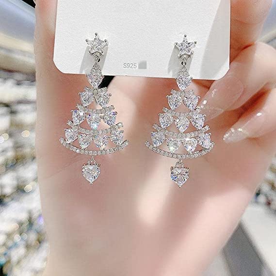 Diamond Christmas Tree Earrings, Light Luxury Shiny Diamond Tassel Earrings,Crystal Sparkling Zircon Full Rhinestone Christmas Tree Dangle Earrings for Women Girls (A)