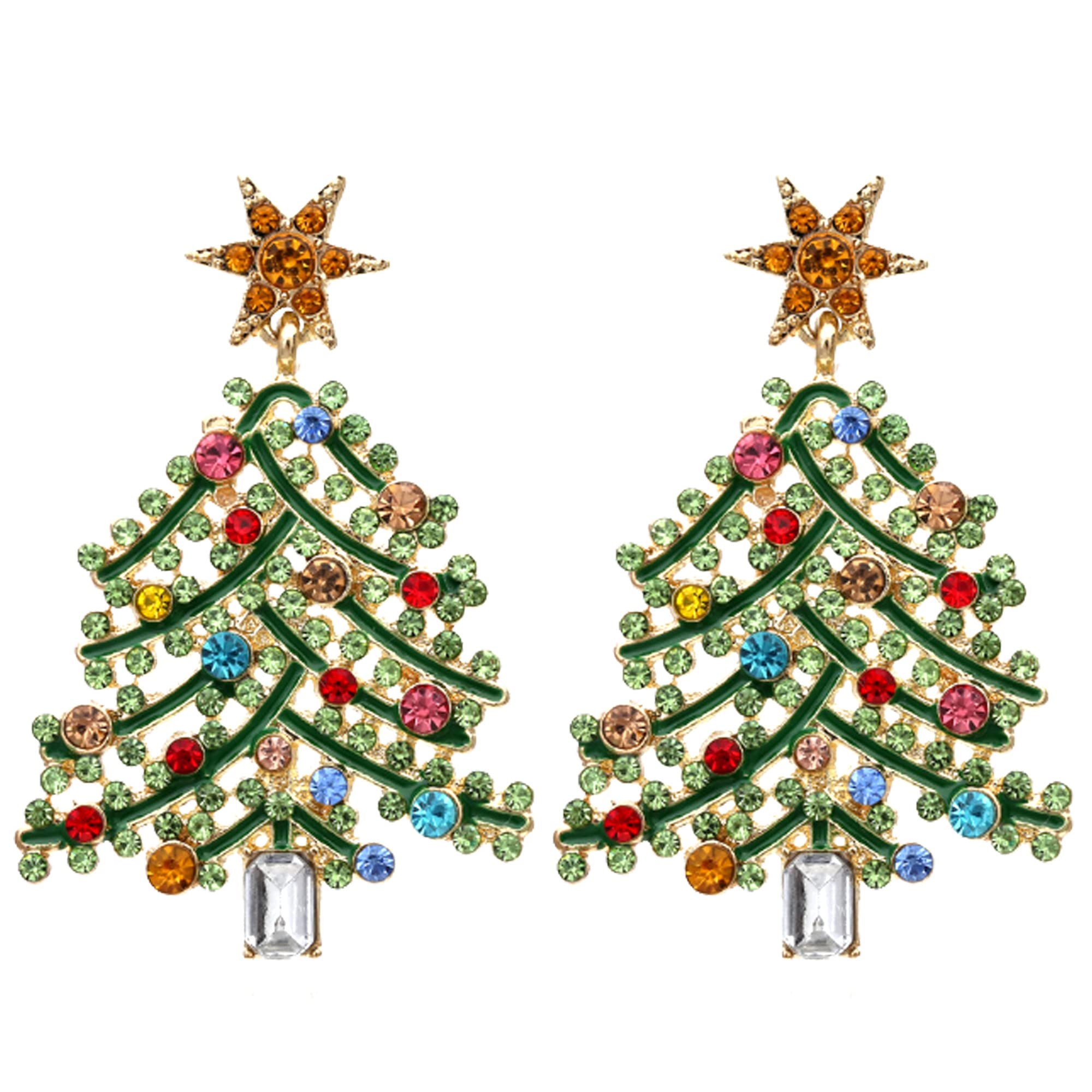 Christmas Tree Earrings for Women Lights Linear Sparkling Rhinestone Colored Christmas Tree Earrings Holiday Christmas Jewelry Gift